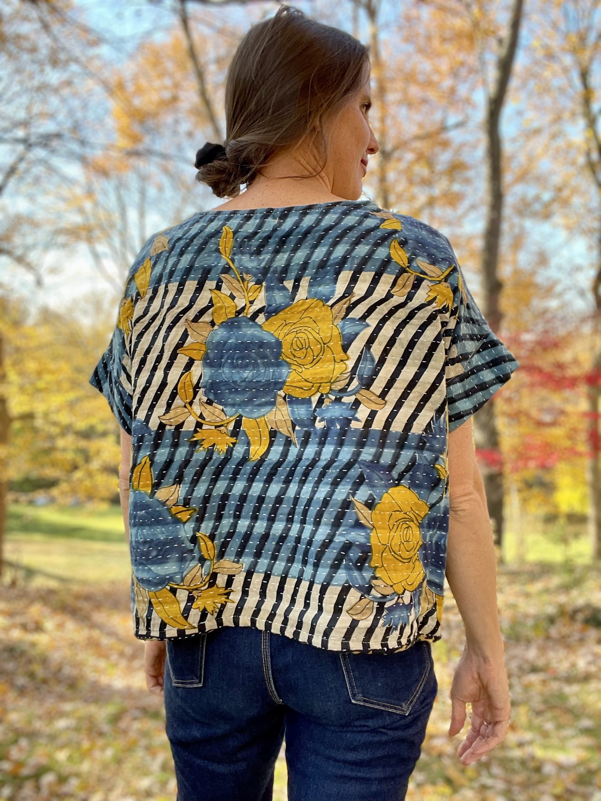Kantha Boxy Top with Pockets - Medium, Blue Stripes with Roses - Durian ...